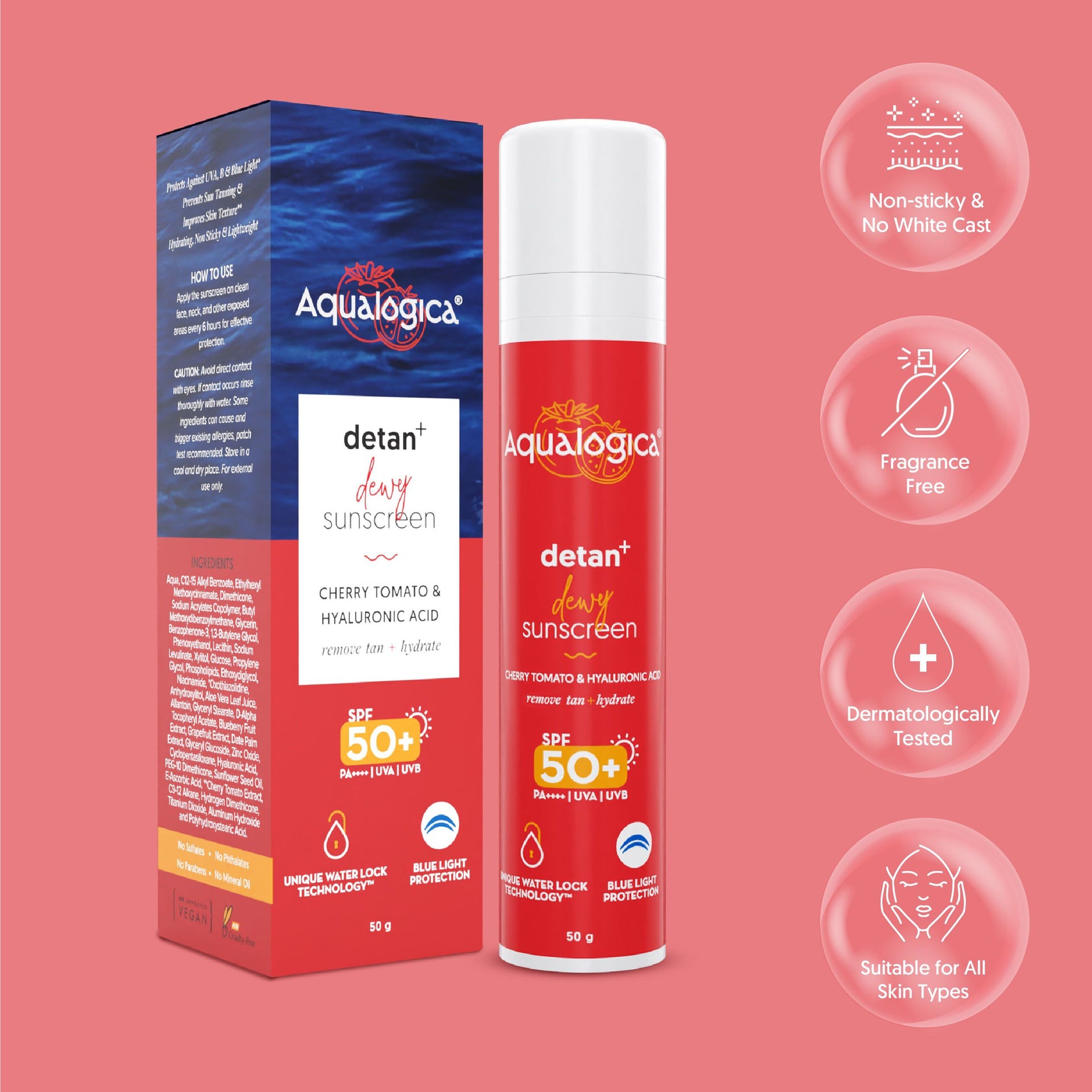 Detan+ Dewy Sunscreen with SPF 50+ & PA++++ for UVA/B & Blue Light Pro ...