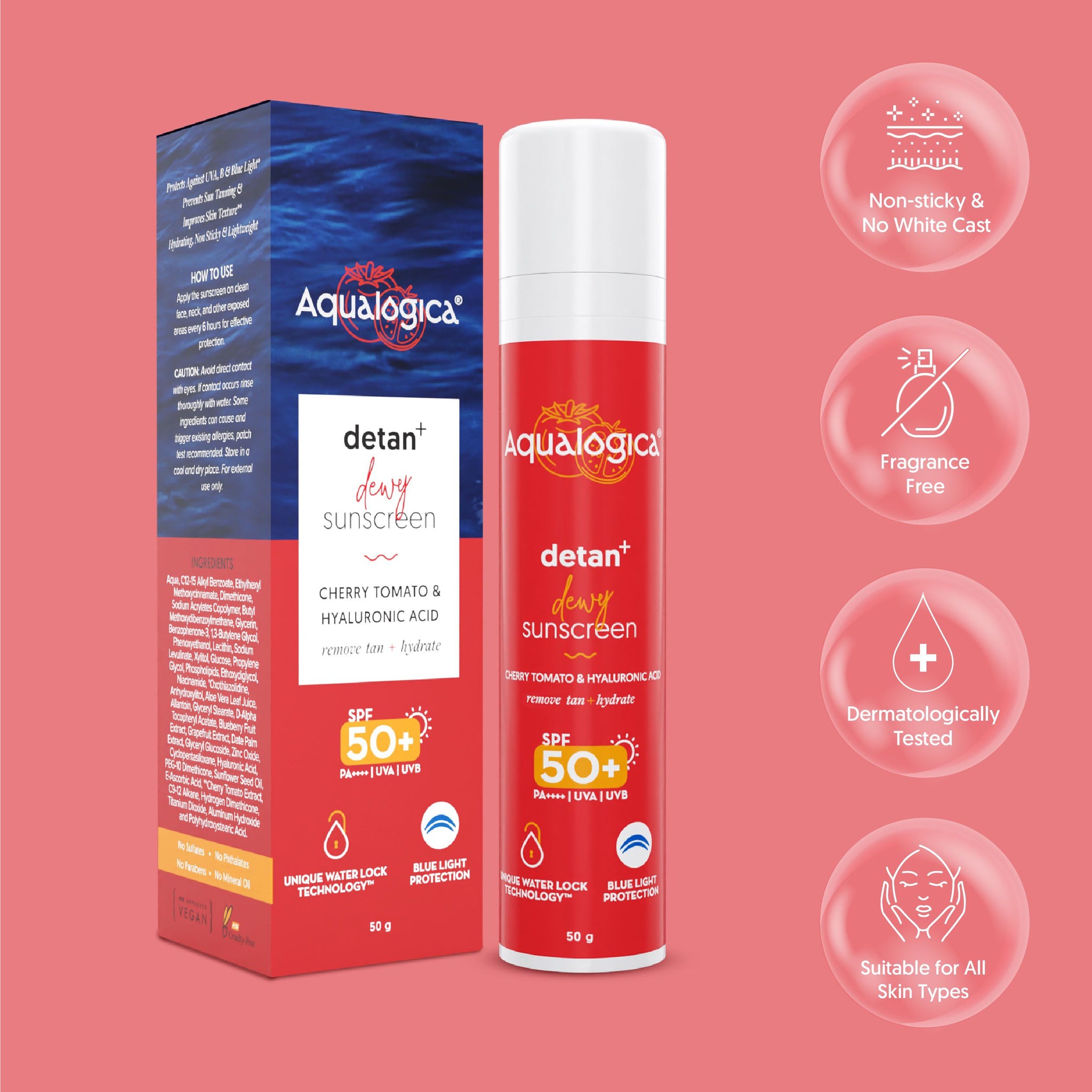 Detan+ Dewy Sunscreen with SPF 50+ & PA++++ for UVA/B & Blue Light Pro ...