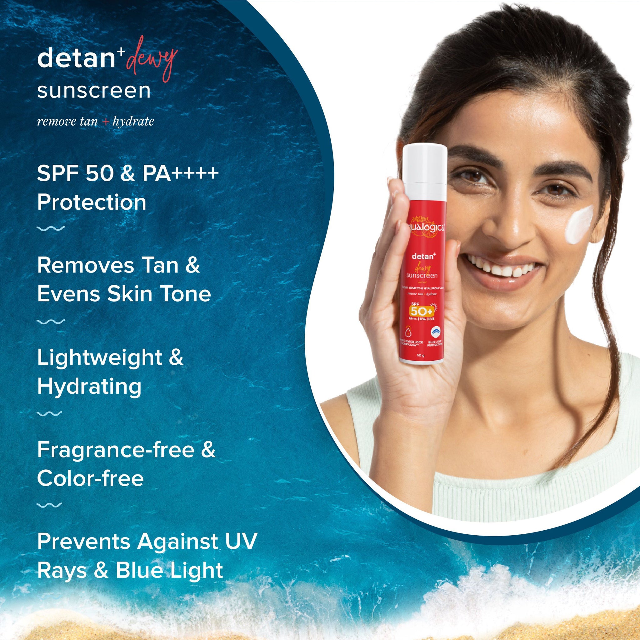 Detan+ Dewy Sunscreen with SPF 50+ & PA++++ for UVA/B & Blue Light Pro ...